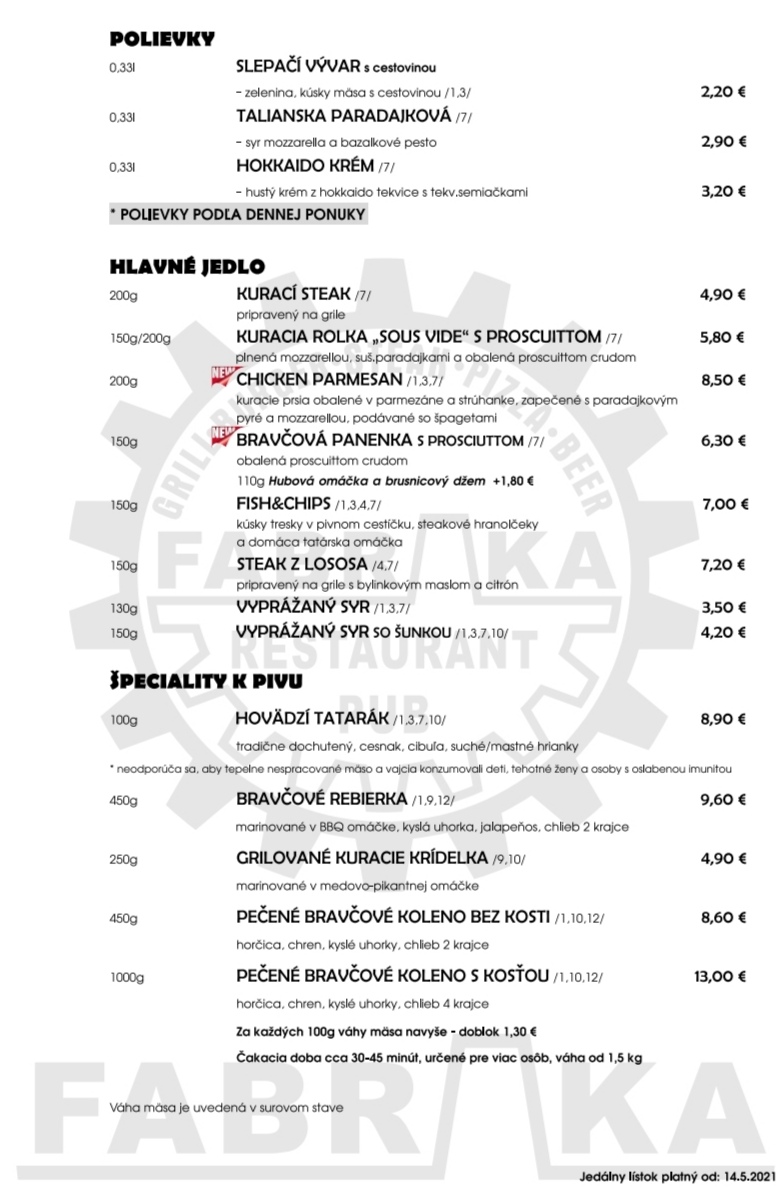Fabrika - Pub - Reštaurácie - Denné menu - Rimava.sk